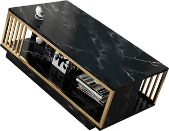 ZJchao Moderner Rechteckiger Couchtisch mit Kunstmarmorplatte und Goldenem Metallrahmen f&uuml;r Wohnzimmer, Zuhause oder B&uuml;ro, Schwarz-Gold-Finish