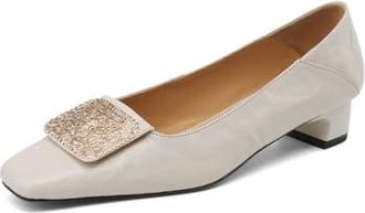 Generic Escarpins en Cuir pour Femmes avec Boucle carrée Brillante Bout carré fermé Bas Chunky Block Talons Chaussures de Bureau élégantes,Blanc,38.5 EU