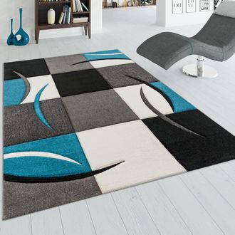 Paco Home Designer Teppich mit Konturenschnitt Karo Muster Türkis Grau, Grösse:160x230 cm