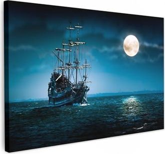 MuchoWow © Impression sur Toile Peinture 120x80 cm Tableau Mural Decoration Salon Reproductions de Tableaux Murale Moderne Pirates - Bateau - Mer - Nuit - Lune