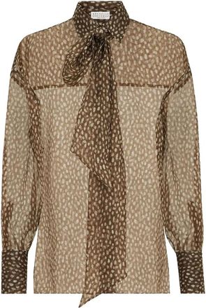 Brunello Cucinelli Chemise en organza de soie tachet&eacute;e avec cravate de cou - Femme - Blouses et Chemises - Brun - Taille: 42 FR