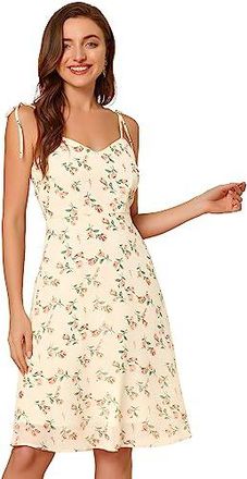 Allegra K Robe imprimée mi-Longue à Fines bretel dété pour Femme Beige XS