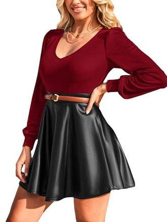 Cupshe Robe dautomne et dhiver pour femme - Manches longues - Col en V - Robe d&eacute;contract&eacute;e - Ligne A - En cuir synth&eacute;tique - &Eacute;l&eacute;gante robe de f&ecirc;te, rouge/noi