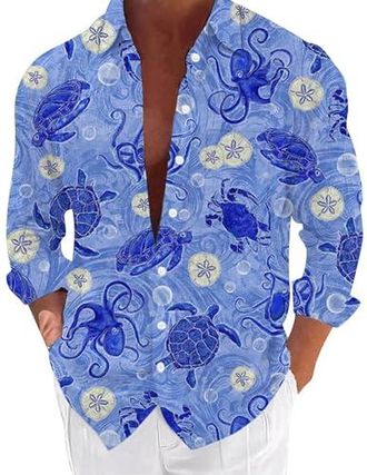 Generic Chemise hawa&iuml;enne pour homme DENGJIAMY - Chemise d&eacute;contractuelle avec tortues de mer &agrave; manches longues - Chemise boutonn&eacute;e fleurie pour la plage et le