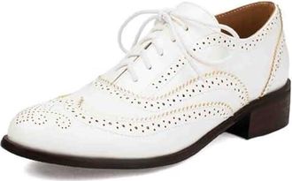 Generic Chaussures Oxford Wingtip pour Femmes Bicolores Brogues Talon Bas pour Affaires et Usage Quotidien Confortable Plusieurs Couleurs,Blanc,38 EU