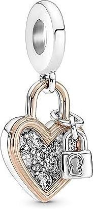 Pandora Pandora Moments Charm pendant double Cadenas coeur en argent sterling et métal plaqué or rose 14 carats avec zircones cubiques transparentes