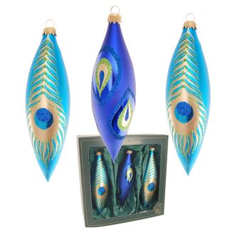 Krebs Glas Lauscha Weihnachtsdekoration/Christbaumschmuck aus Glas - Weihnachtsanh&auml;nger - Form: Olivenform - Farbe: Blau matt - Menge: 3 St&uuml;ck - Motiv: Pfau - Gr&ouml;&szlig;e: 15 
