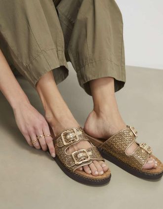 River Island Sandalen in Gold mit Doppelriemen und Fu&szlig;bett