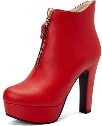 Generic Bottines Chelsea à talon épais et plateforme à bout rond pour femme avec fermeture éclair sur le devant, chaussures dhiver polyvalentes, Rouge, 38.5 E