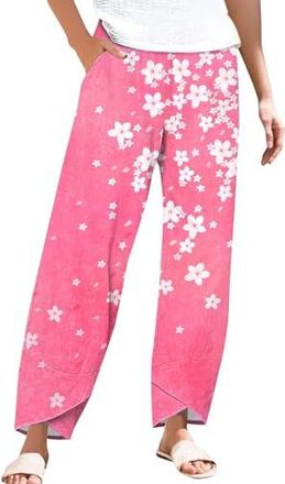 Generic Pantalon Femme Large Fluide en Lin Ample Pantalon en Lin Ray&eacute; pour Femme D&Eacute;t&eacute; D&eacute;contract&eacute; &Agrave; Jambes Larges avec Poches Court et Confortable Leger Panta