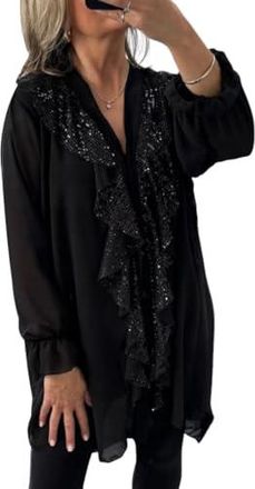 ORANDESIGNE Chemisiers en Mousseline Femme Blouses &agrave; Paillettes Brillant Longue Chemisier Manches Longues Col en V Chic et &eacute;l&eacute;gant Tunique Longue Unie Haut Ample 