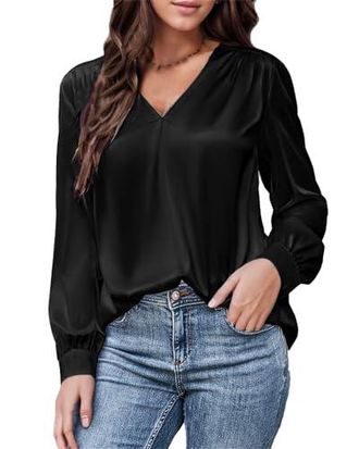 Generic Womens Dressy Satin Blouses Fall Long Sleeve Work Shirts Business Casual V-Neck Tops