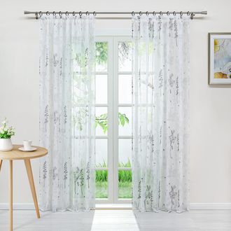 Joyswahl Voile Gardine mit floralem Druck transparenter Vorhang &raquo;Lennard&laquo; Schals Wohnzimmer Fensterschal BxH 140x245cm Grau mit Kr&auml;uselband 1 St&uuml;ck