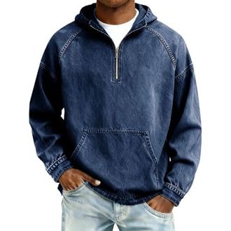 Generic Chemise en jean &agrave; manches longues pour homme - Style vintage tendance - Avec poche zipp&eacute;e 1/4 - Pull d&eacute;contract&eacute; &agrave; capuche de printemps, bleu marine, 