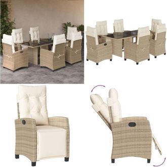 vidaXL 7-tlg. Garten-Essgruppe mit Kissen Beige Poly Rattan - Gartengestelle - Gartenm&ouml;belset - Outdoor M&ouml;bel - Terrassenm&ouml;bel - Esstisch - Home & Living