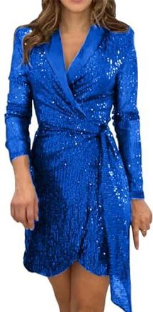 Generic Robe de Fete Femme - &Eacute;l&eacute;gante Col en V Manches Longues Paillettes Mini Robe de Soir&eacute;e Mariage Cocktail Chic C&eacute;r&eacute;monie Courtes