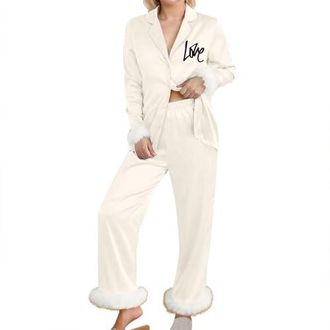 Generic Ensemble de pyjama d&eacute;contract&eacute; et confortable pour la Saint-Valentin 2026 pour femmes, chemise &agrave; manches longues, pantalon, deux ensembles, beige, XXL