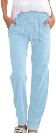 Generic Pantalon en coton et lin pour femme - Jambe large - Pantalon de plage d&eacute;t&eacute; pour femme - Confortable - Pantalon de yoga Palazzo XIYU26065, bleu clair, 