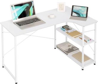 Woltu Bureau en L avec Rangement et Etagere, Table Bureau Blanc pour Études et Chambre Ado, 120x73x72 cm