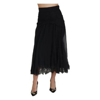 Dolce & Gabbana Femme, Jupes, Noir, Taille: 36 FR Jupe Midi Taille Haute en Soie Noire avec Bordure en Dentelle