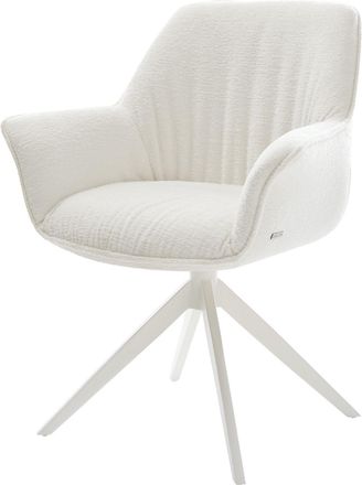DELIFE Esszimmerstuhl Keila-Flex mit Armlehnen Kreuzgestell breit Weiß Bouclé Soft Beige 360° drehbar Wippfunktion