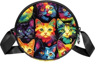 Generic Sac &agrave; bandouli&egrave;re rond pour femme, motif chats color&eacute;s, petit sac &agrave; bandouli&egrave;re avec fermeture &eacute;clair, bretelles r&eacute;glables, sac &agrave; main rond d&eacute;contract