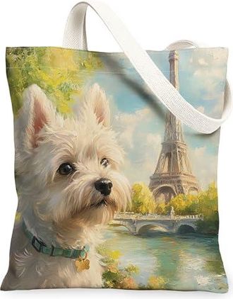 Generic Spring Westie Sac fourre-tout en toile pour faire du shopping 33 x 38,1 cm, sac d&eacute;picerie r&eacute;utilisable pour femme, motif animal de compagnie, d&eacute;corati