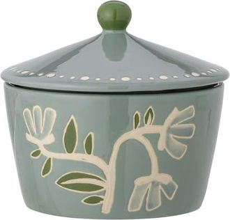 Bloomingville Creative Collection Tangier Gefäß mit Deckel, handbemalt, Grün mit Blumenmotiv, Steingut, Vorratsdose 660 ml, Ø15xH14 cm