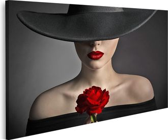 Islandburner Prime Bild auf Leinwand Rote Rose Blume Frau Lippen und schwarzer Hut Mode Model Schönheit Wandbild Poster Kunstdruck Bilder