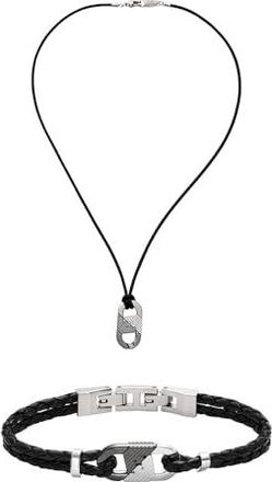 Emporio Armani Homme Collier et Bracelet en Cuir Bicolore, Ensemble