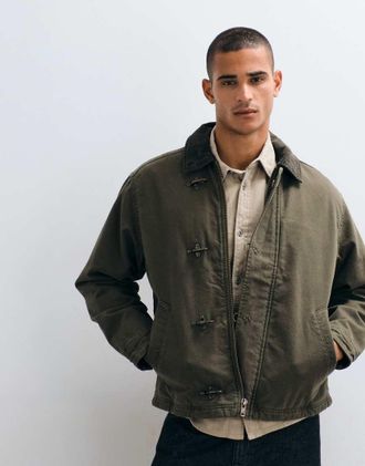 Abercrombie & Fitch Canvas-Arbeitsjacke mit Rei&szlig;verschluss und Metallverschl&uuml;ssen in Khaki-Gr&uuml;n