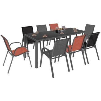IDMarket Salon de jardin MADRID table 190 cm et 8 chaises empilables mix color gris, noir et terracotta