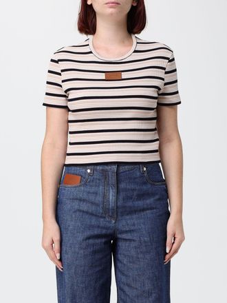 Fendi T-shirt cropped en coton &agrave; rayures avec logo appliqu&eacute;