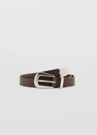 Mango Ceinture en cuir d&eacute;tail m&eacute;tallique chocolat - Femme - XL - MANGO