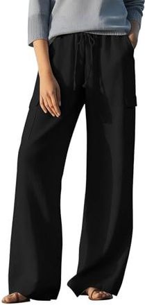 Generic Pantalon cargo en coton et lin pour femme - Pantalon d&eacute;contract&eacute; taille haute avec cordon de serrage et poches lat&eacute;rales, respirant, l&eacute;ger, coupe ampl
