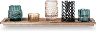 Bloomingville Sanga Windlicht-Set - Holztablett mit 5 farbigen Glas-Votivgl&auml;sern (6-teilig, 43&times;10,5&times;12,5 cm) - Skandinavische Deko f&uuml;r Wohnzimmer, Esstisch & Fenste