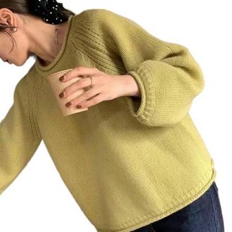 Generic QXDZSW Pull en laine &agrave; col rond pour femme Pull &eacute;pais Automne Hiver Mode Couleur unie V&ecirc;tements Tricot Top, jaune, XL