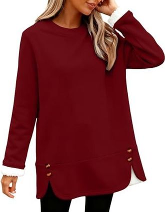 Generic Sweat-shirts en polaire pour femme - Sweat long doubl&eacute; en polaire - Doux et chaud - Col rond - Surdimensionn&eacute; - Confortable - Sans capuche - Pull ther