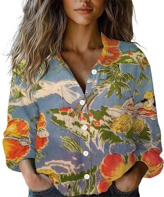 Generico Chemise Femme &Eacute;l&eacute;gant &agrave; Manches Longues Chemisier en Lin Coton Curvy Respirant Chemises Col en V L&eacute;ger T Shirt Vintage Fantaisie avec Boutons Classiqu