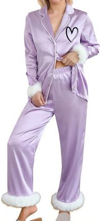 Generic Ensemble de pyjama d&eacute;contract&eacute; et confortable pour la Saint-Valentin 2026 pour femmes, chemise &agrave; manches longues, pantalon, deux ensembles, violet, XL
