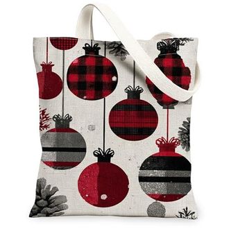Generic Sacs fourre-tout en toile pour d&eacute;coration de No&euml;l, motif boules de vacances, sacs d&eacute;picerie r&eacute;utilisables, vintage l&eacute;gers et lavables en toile pour, R