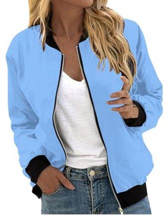 Minetom Veste Femme Blouson Printemps Été Léger Bomber Veste Outwear Manches Longues Zippé Jacket Casual Sport Manteau A Bleu Clair XXL