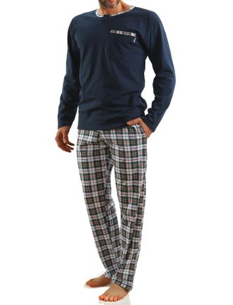 Sesto Senso Herren Schlafanzug Lang Baumwolle Pyjama Langarm Shirt mit Tasche Pyjamahose Zweiteilig Set Bunt Nachtwäsche 3XL Dunkel Blau