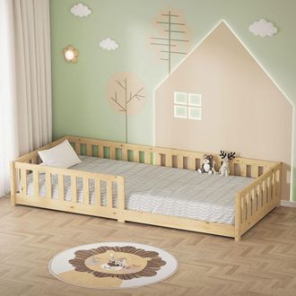 ML Design ML-Design Kinderbett 90x200 cm, Natur, Bodenbett f&uuml;r Kinder mit Lattenrost und Rausfallschutz, Jugendbett aus massivem Kiefernholz, Bettgestell f&uuml;r Ju