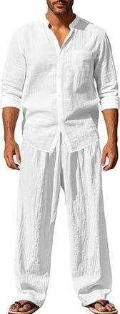 Generic Ensemble 2 pi&egrave;ces en lin pour homme - Chemise boutonn&eacute;e &agrave; manches longues avec pantalon ample &agrave; jambes larges, costume de plage l&eacute;ger pour homme, cost