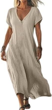 Generic Robe de plage d&eacute;t&eacute; en coton &agrave; manches courtes et col en V pour femme - Robe longue confortable et fluide, kaki, 4XL