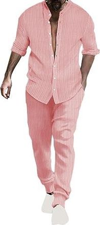 Generic Costume pour homme - Chemise rayée avec col Hengli - Ensemble tendance et décontracté en coton et lin, Rose, XXXL