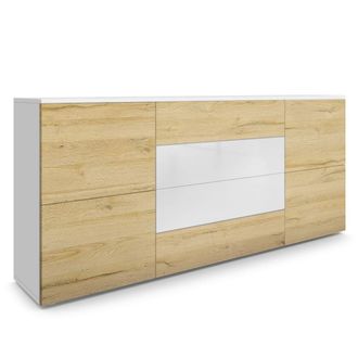Vladon Sideboard Rova, Made in Germany, Kommode mit 4 T&uuml;ren und 4 Schubladen, Wei&szlig; matt/Eiche Natur/Wei&szlig; Hochglanz (166 x 72 x 35 cm)