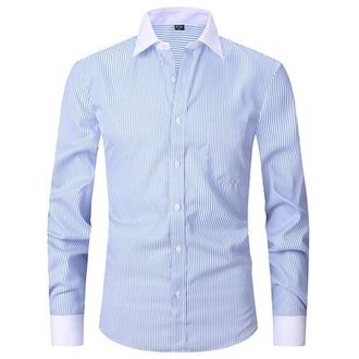 Generic Chemise daffaires en lin pour homme - Coupe droite - Manches longues - Ray&eacute;e - &Eacute;l&eacute;gante chemise de loisirs avec boutonni&egrave;re - Couleur unie - Chemise p