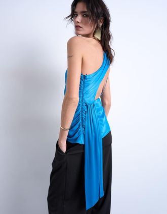 Topshop Oberteil in Blau mit One-Shoulder-Tr&auml;ger und drapierter R&uuml;ckseite